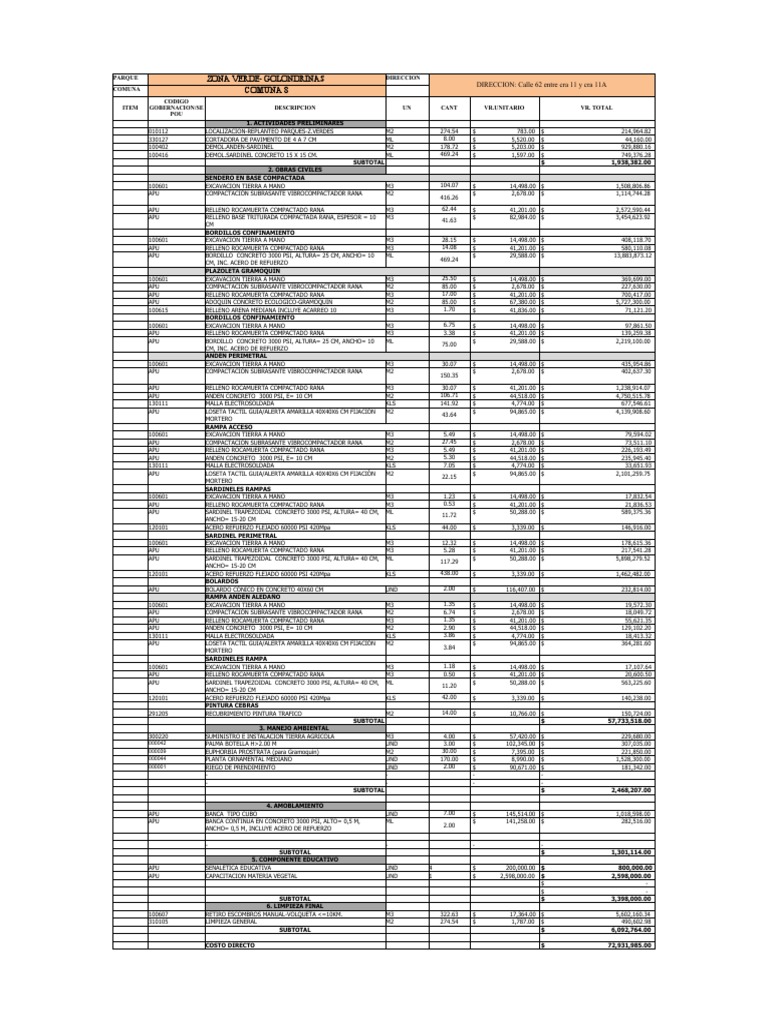 Presupuesto Parque Golondrinas Comuna 8 2-6-2017 | PDF
