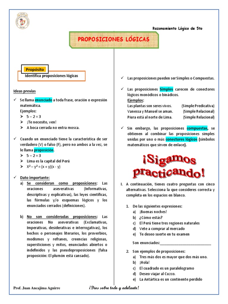 Proposiciones Lógicas - Ficha 1 | PDF | Proposición | Lógica