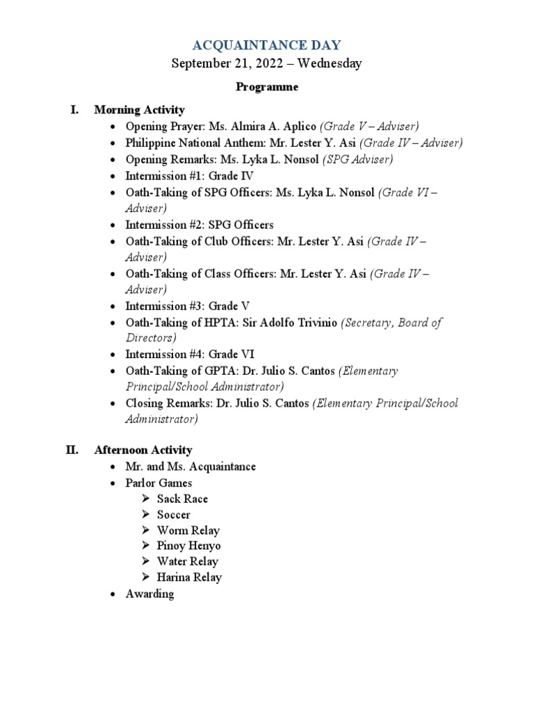 ACQUAINTANCE DAY NARRATIVE | PDF