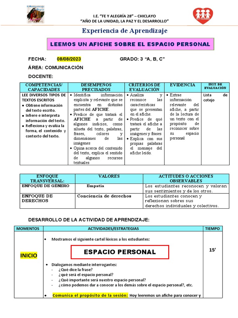 Actividad 3 Leemos Un Afiche Sobre El Espacio Personal | PDF | Ciencia ...