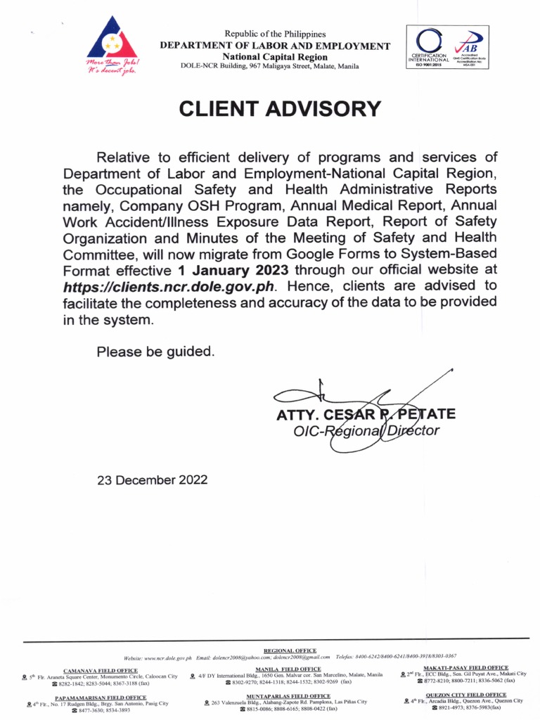 DOLE-NCR OSH Reports Migration Notice | PDF