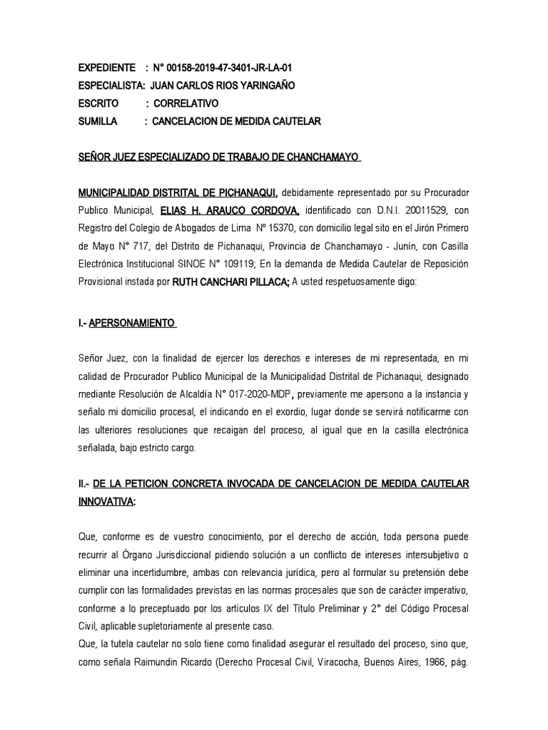 Cancelacion de Medida Cautelar Ruth Canchari Pillaca | PDF | Mandato ...