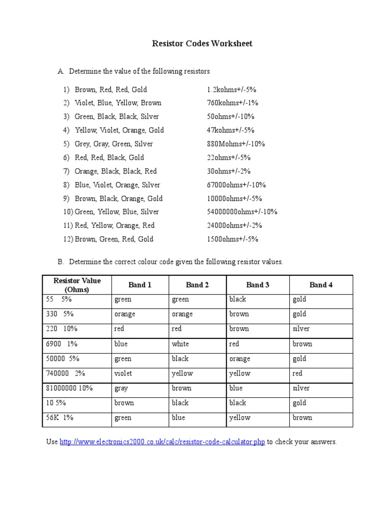 Resistor Codes Worksheet2 | PDF