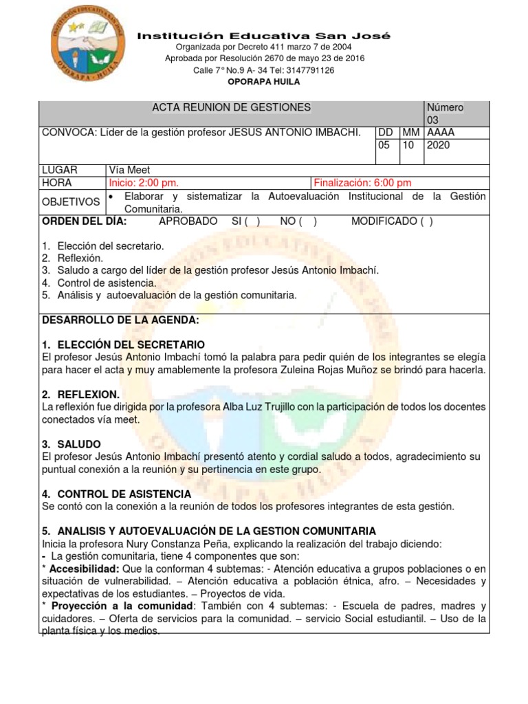 Acta No. 03 - Gestion Comunitaria | PDF