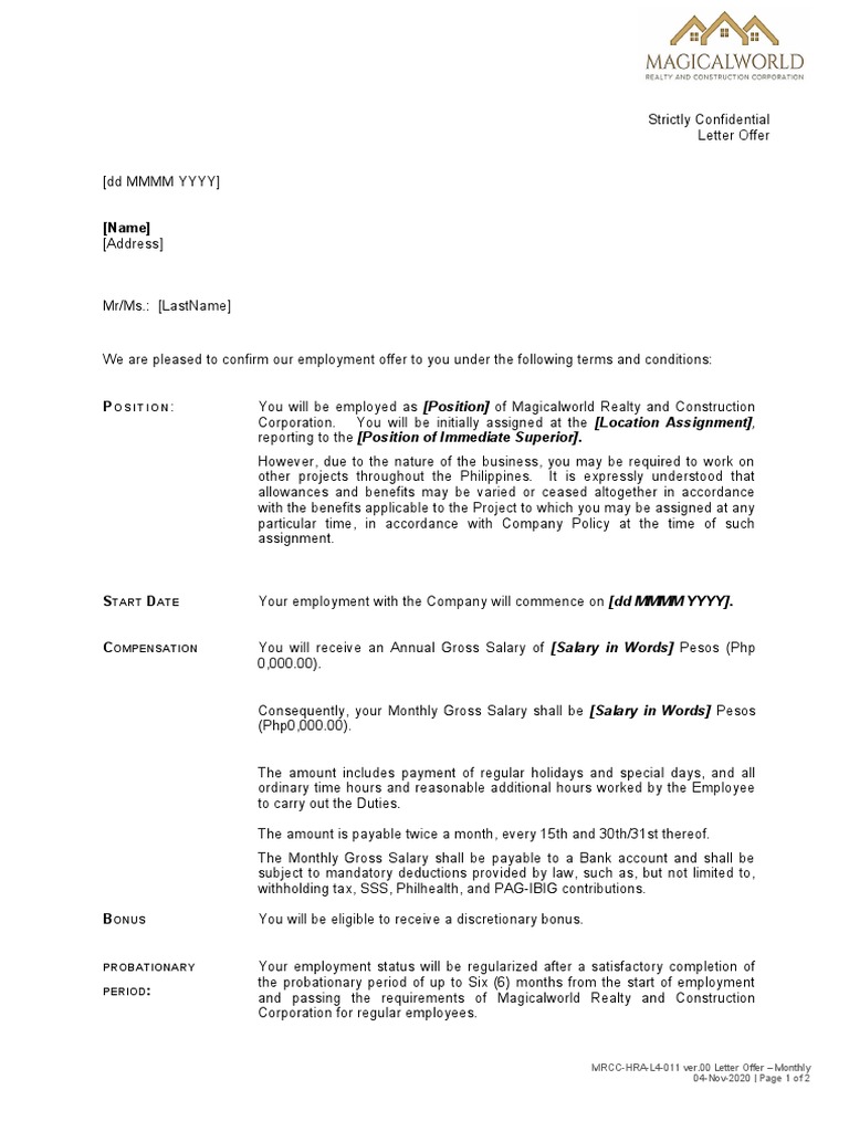 Employment Offer Letter Template | PDF | Business