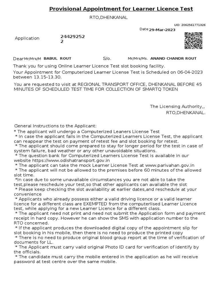 Provisional Appointment For Learner Licence Test | PDF | Finance ...