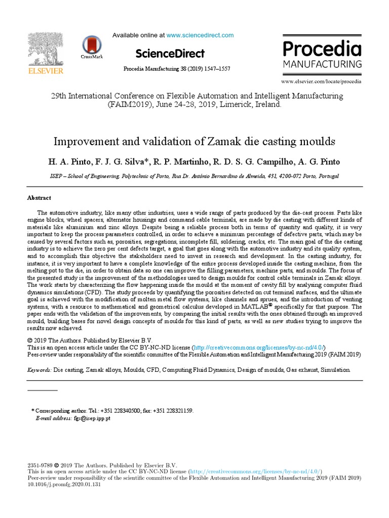 Improvement and Validation of Zamak Die Casting Moulds PDF | PDF | Technology & Engineering