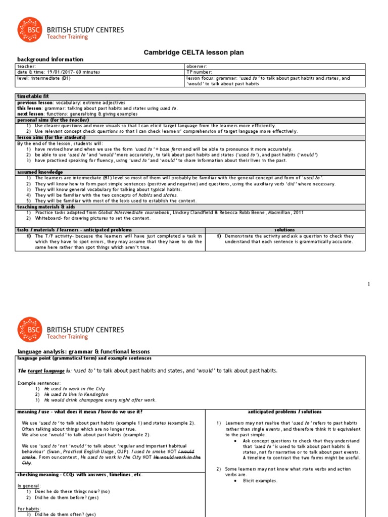 CELTA Lesson Plan: Past Habits Grammar | PDF