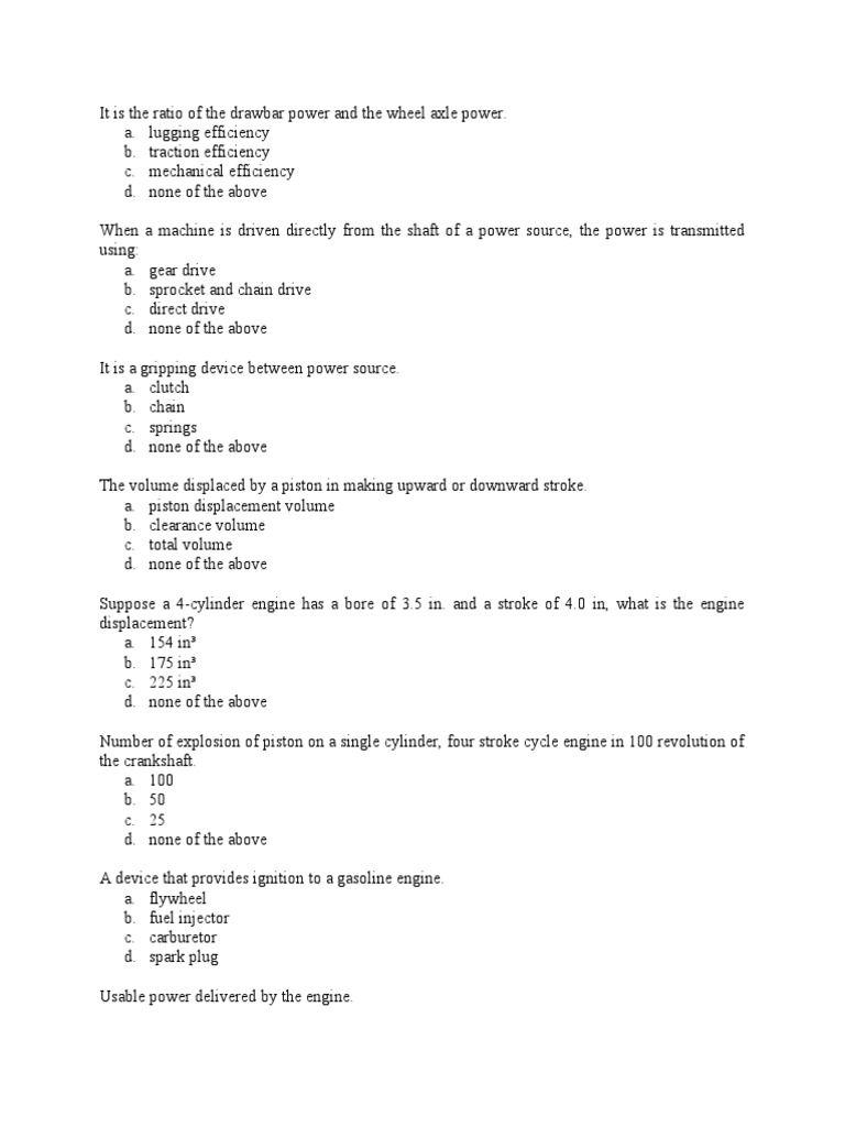 Agr'l Power Pre-Test | PDF | Horsepower | Internal Combustion Engine