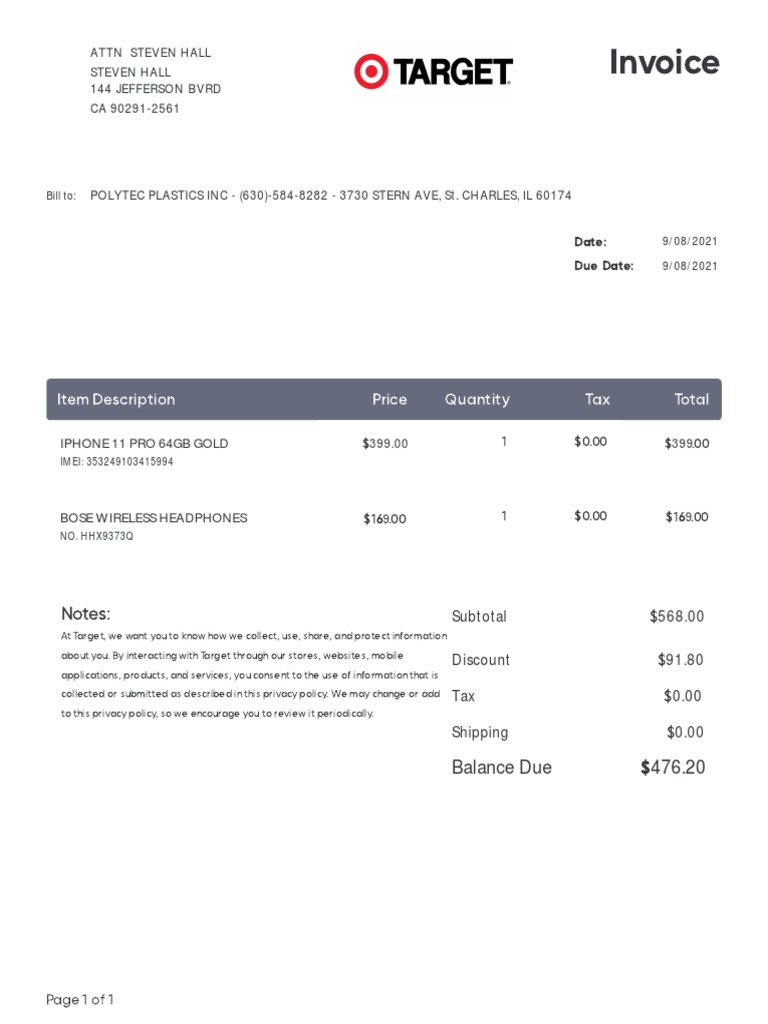Target Invoice for iPhone 11 Pro Purchase | PDF