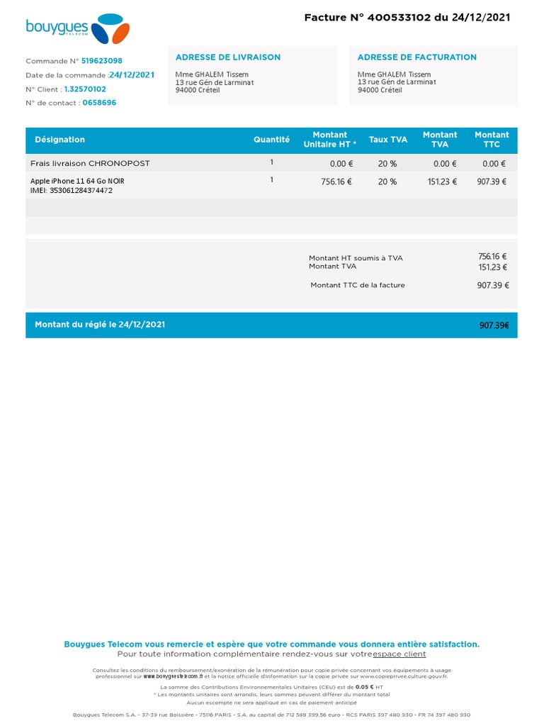 Facture Bouygues Mme GHALEM Tissem | PDF