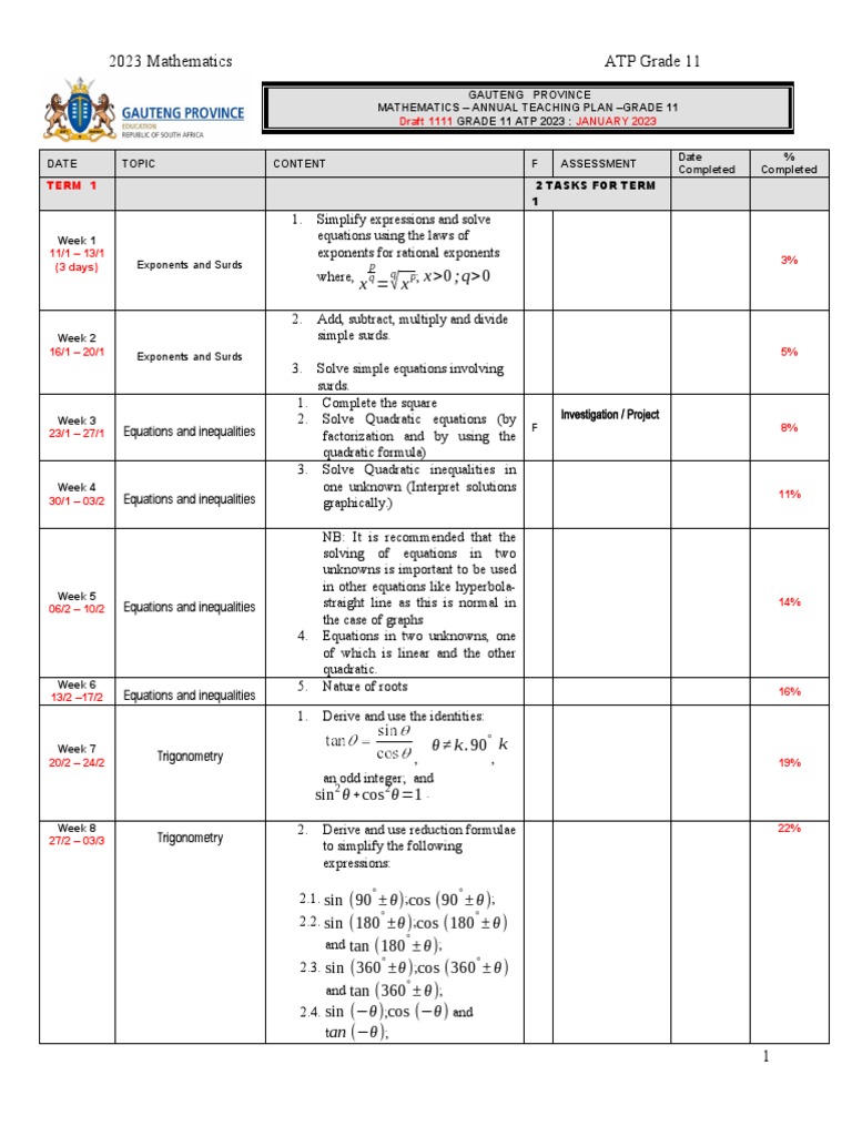ATP GR 11 Maths 2023 - January 2023 Draft 1111 (V) | PDF | Teaching ...