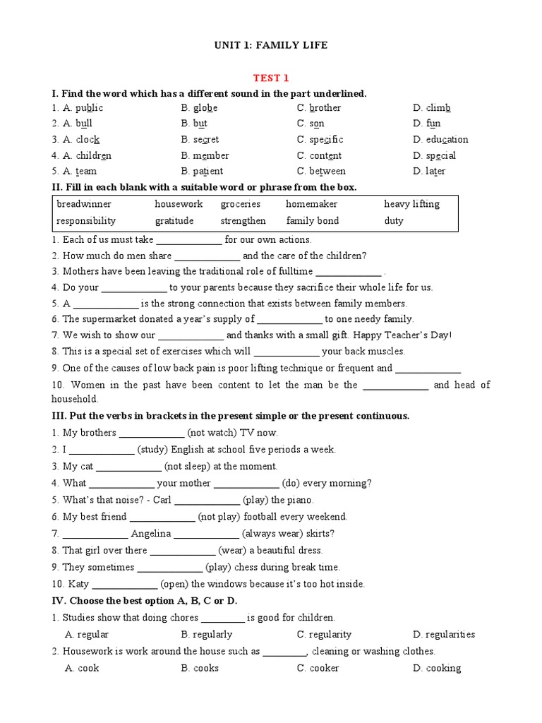 English Test Unit 1: Family Life | PDF