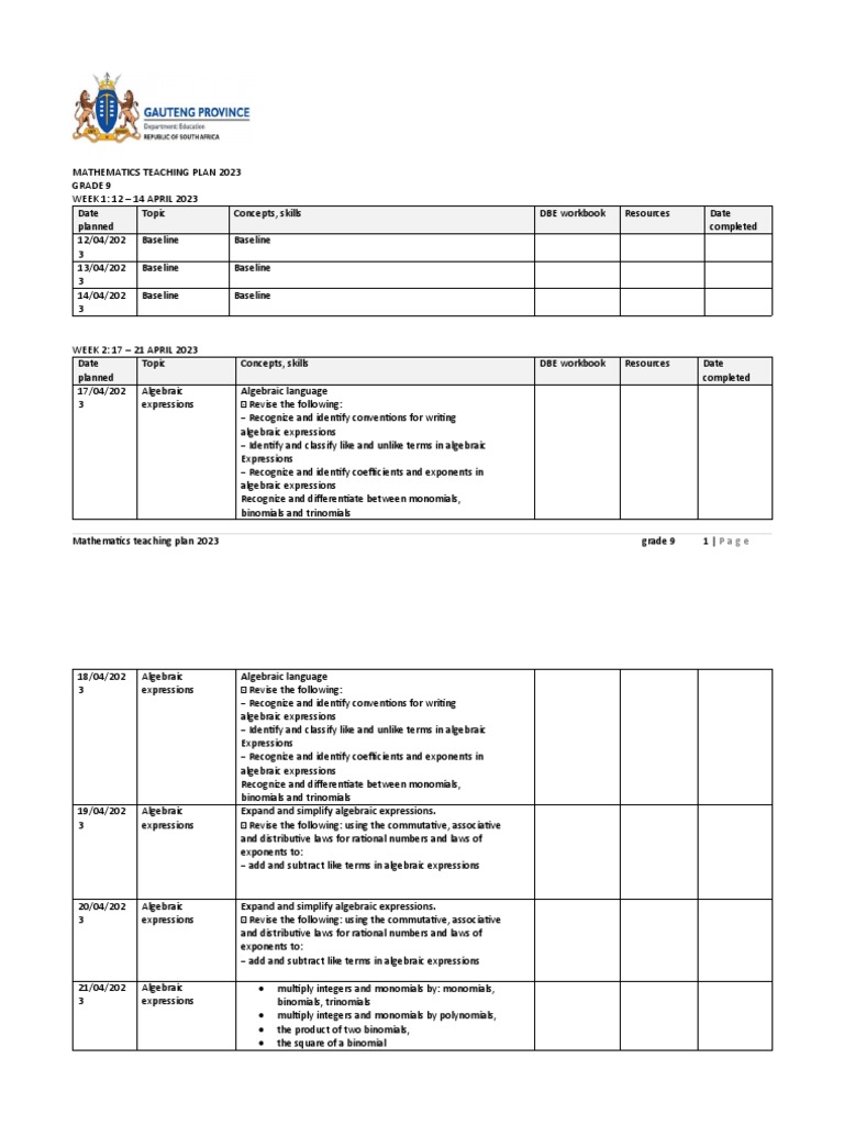 Mathematics Teaching Plan 2023 Term 2 Grade 9 | PDF