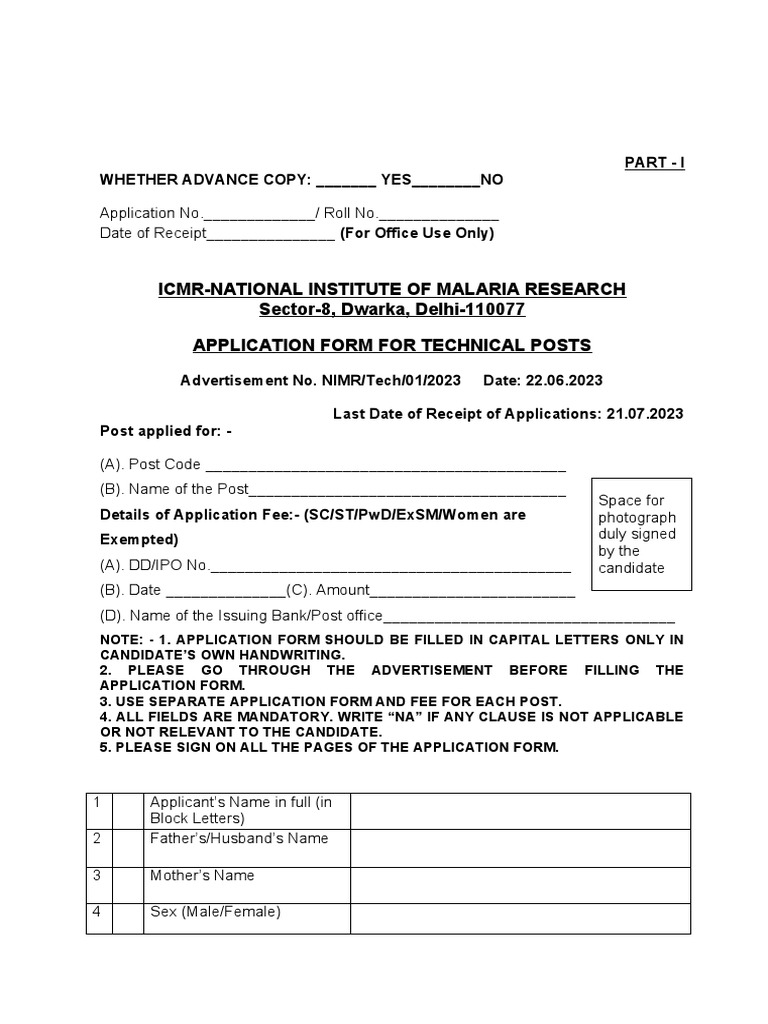 NIMR Technical Posts Application Form | PDF