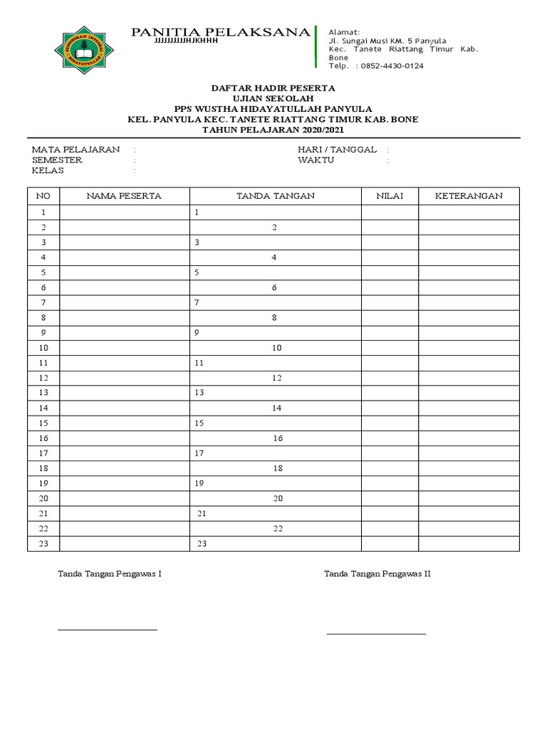 Daftar Hadir Peserta Ujian Sekolah TP 2020-2021 | PDF