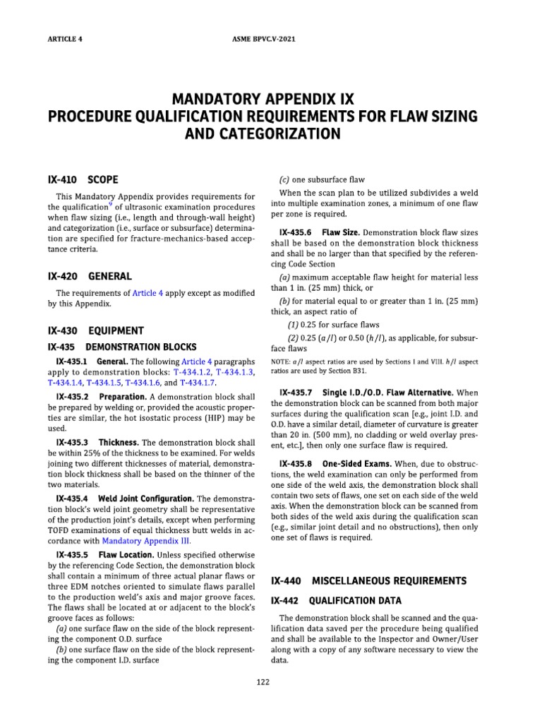 ASME BPVC v Article 4 Mandatory Appendix IX Procedure Qualification Requirements for Flaw Sizing ...