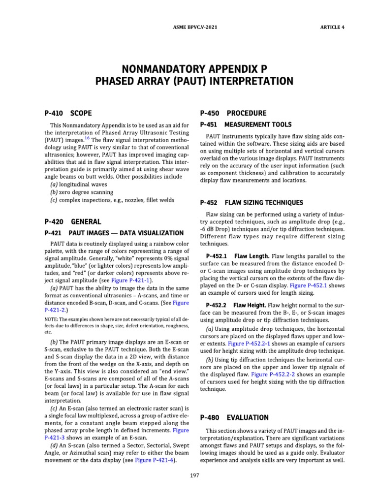 ASME BPVC V Article 4 Nonmandatory Appendix P Phased Array (PAUT) Interpretation Ed 2021 | PDF