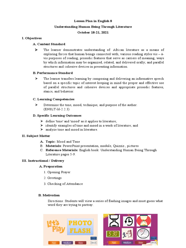 PEAC Lesson Plan: Mood and Tone in Literature | PDF | Learning | Lesson ...