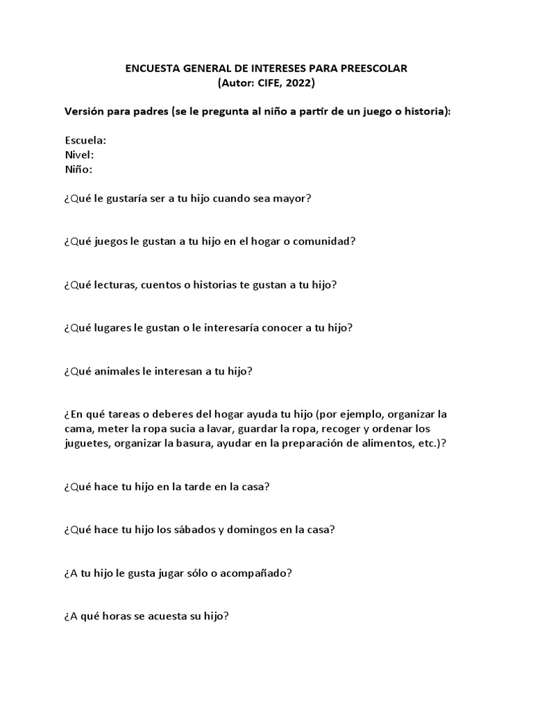 4 Encuesta de Intereses para Niños de Preescolar Version Padres | PDF