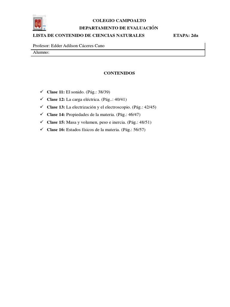 Lista de Contenidos - 2da Etapa Ciencias Naturales | PDF