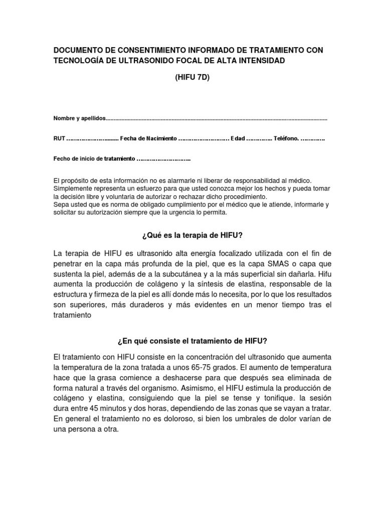 Consentimiento Informado HIFU | PDF | Medicina CLINICA | Ciencias de la ...
