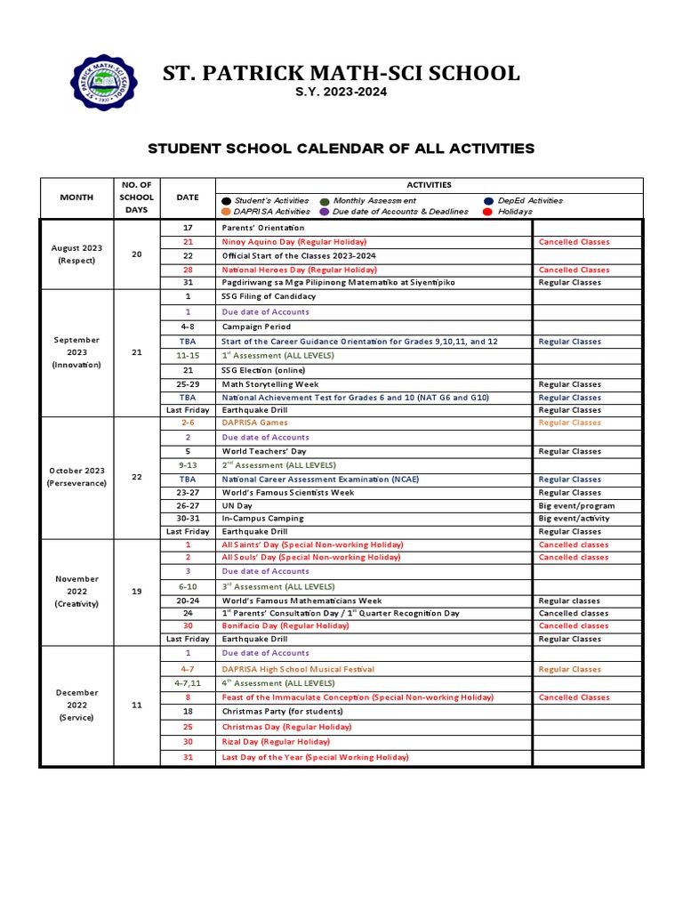 Sy 2023 2024 Students Calendar of All Activities | PDF