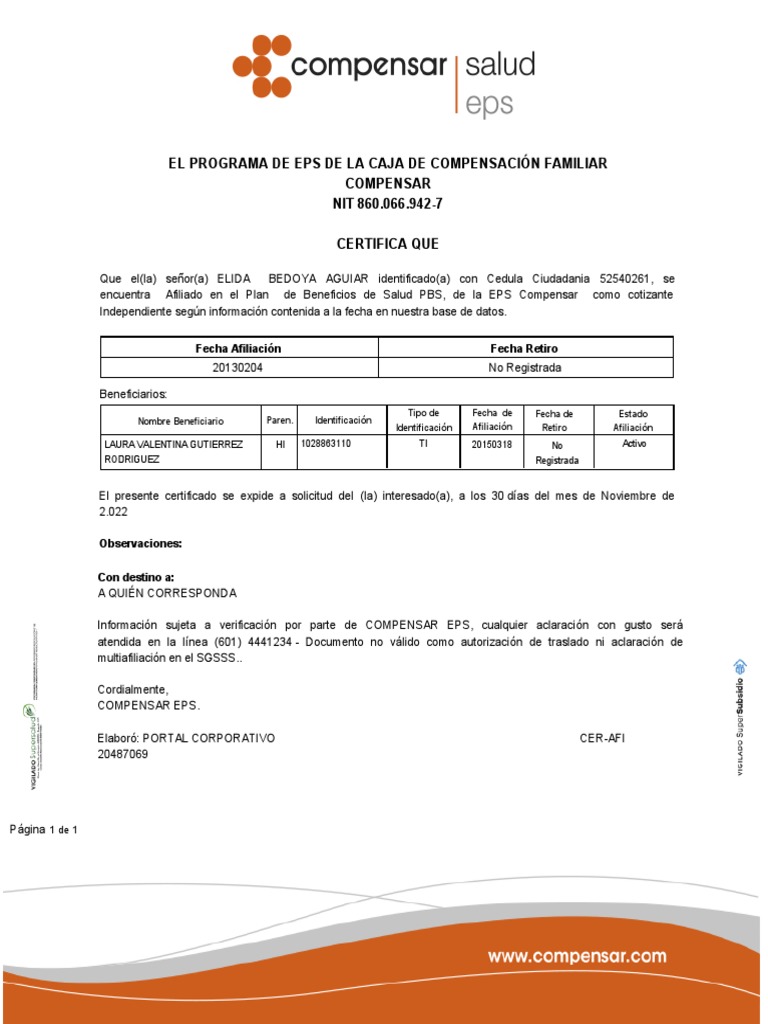 El Programa de Eps de La Caja de Compensación Familiar Compensar NIT 860.066.942-7 Certifica Que ...