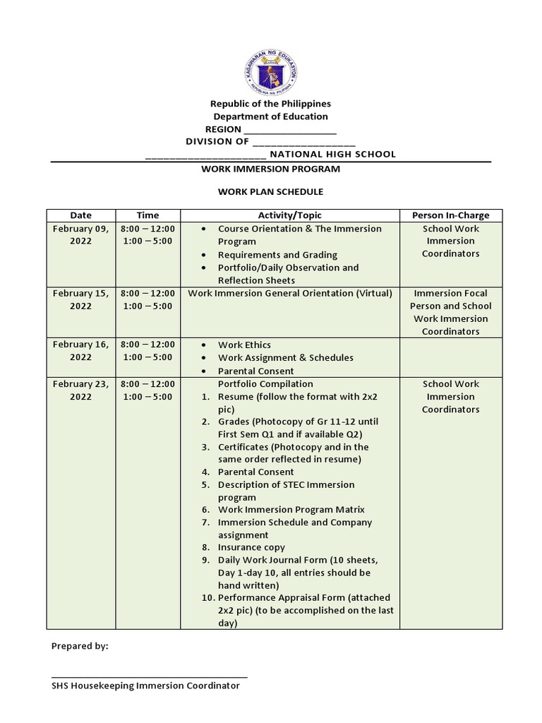 Work Immersion Matrix-Housekeeping | PDF