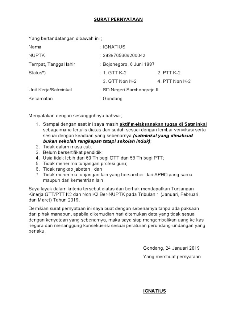 Surat Pernyataan-Spj Tunjangan GTT | PDF