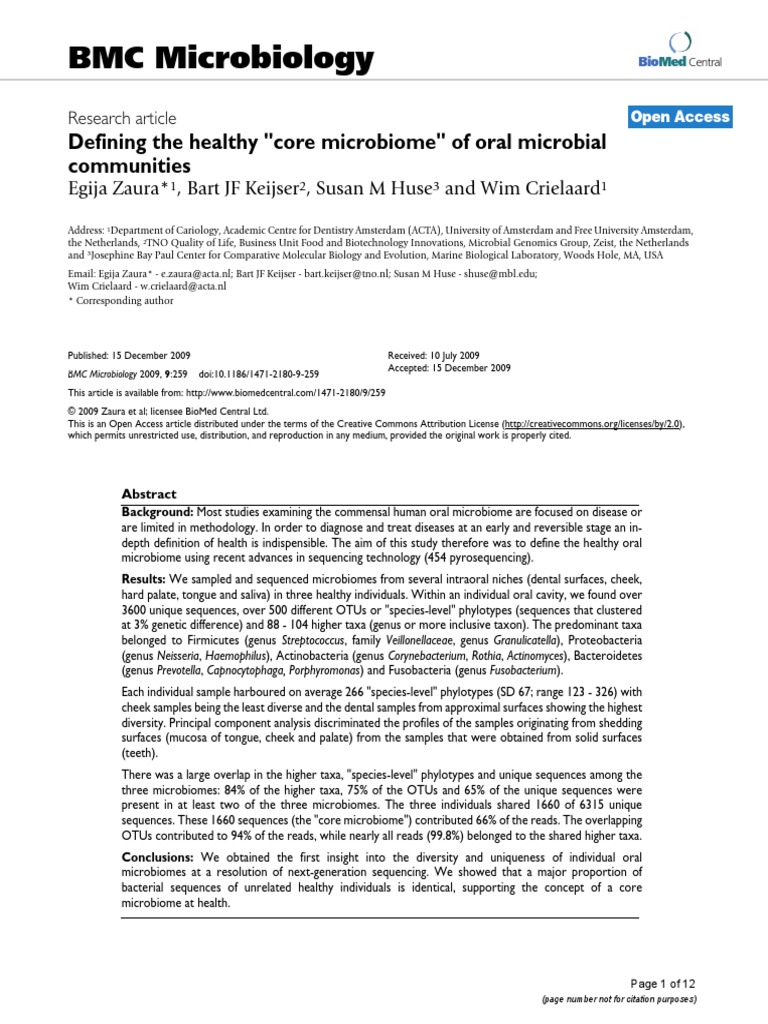 BMC Microbiology: Defining The Healthy "Core Microbiome" of Oral ...