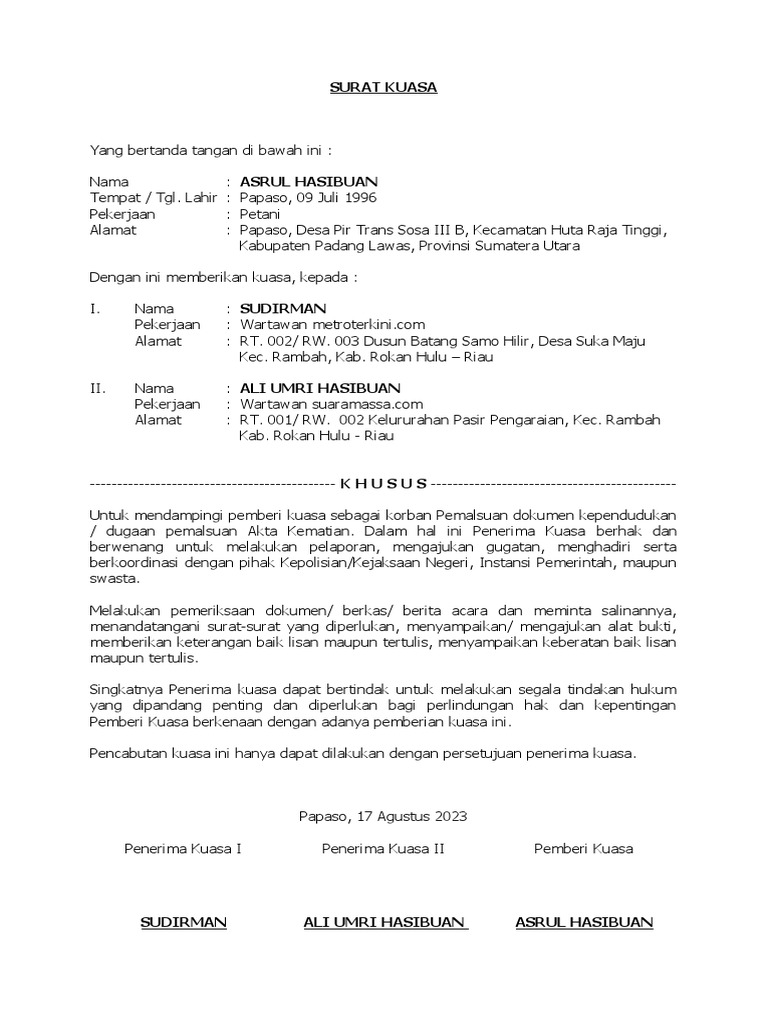 SURAT KUASA ASRUL HASIBUAN | PDF