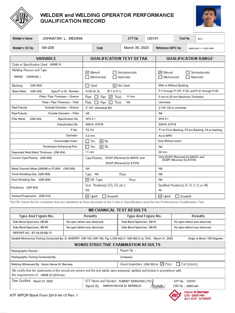 WQT Form (ASME) 04-23 | PDF | Pipe (Fluid Conveyance) | Steel