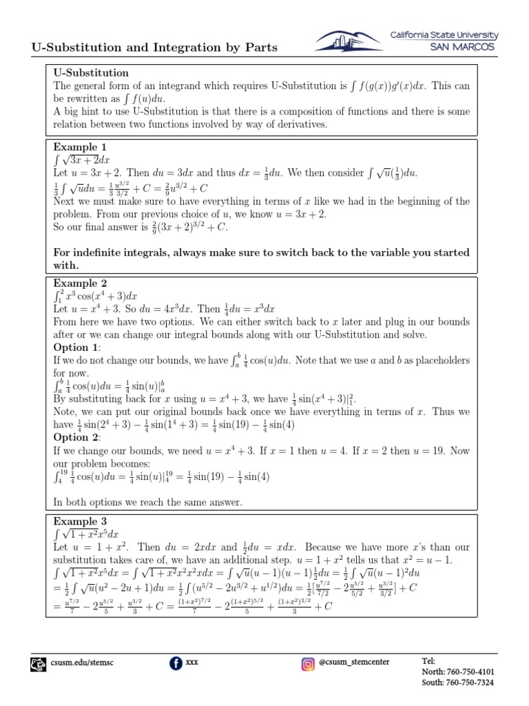 U Substitution Pdf Integral Analysis