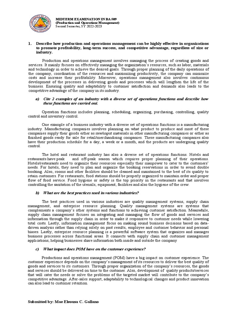 MIDTERMS - OM 2nd Sem 2022-2023 | PDF | Quality Management | Quality Management System