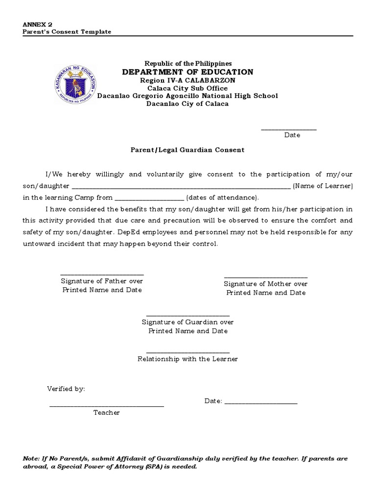 Parents Consent Template 1 | PDF