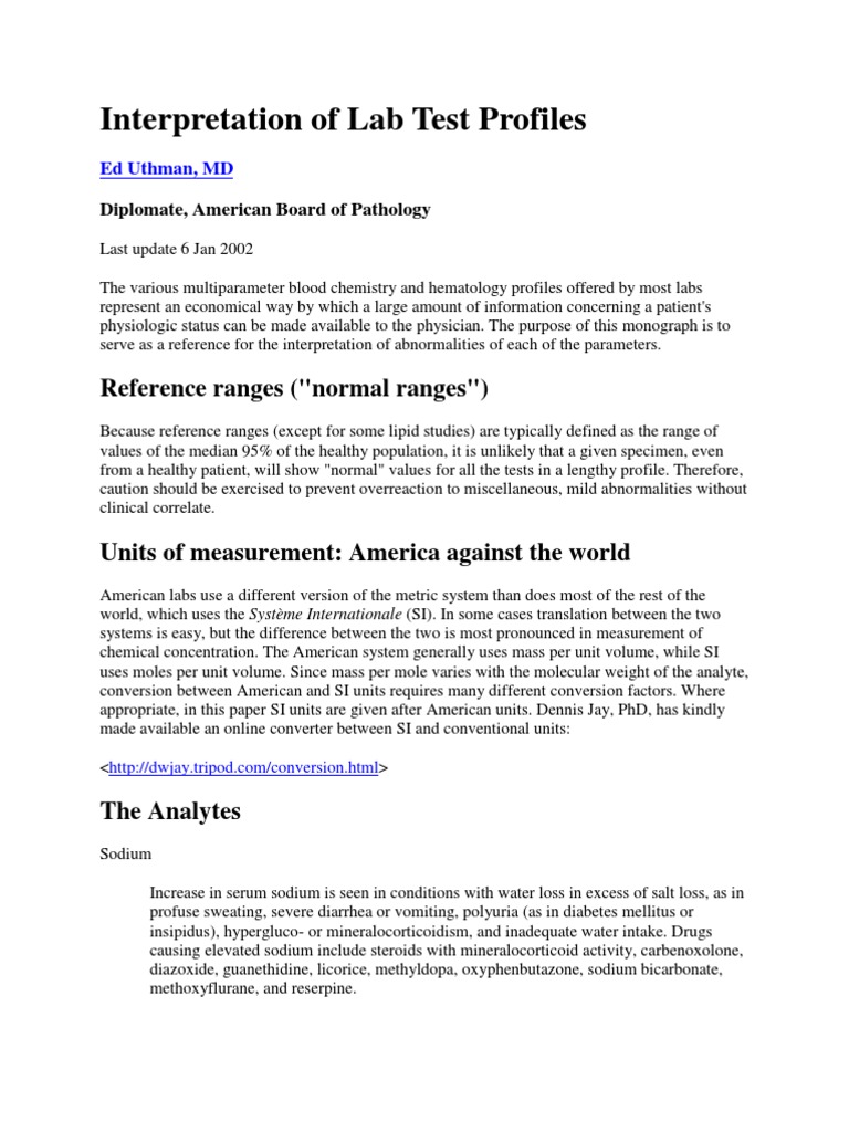 Interpretation of Lab Test Profiles | PDF | Anemia | High Density ...