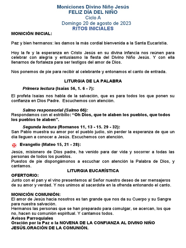 Moniciones Ciclo a Divino Niño 20 Agosto (1) | PDF | Misa (liturgia ...