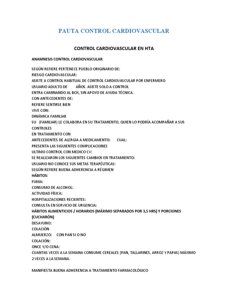 Pauta Control Cardiovascular Cardio | PDF