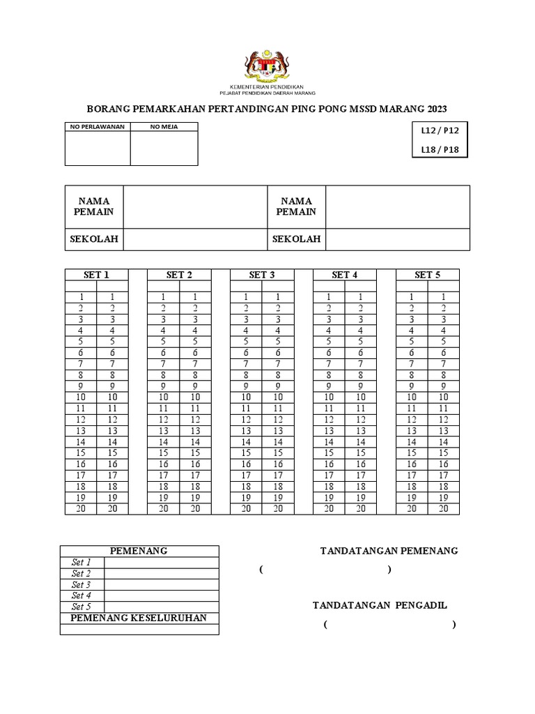 Borang-Pemarkahan-Pertandingan-Ping-Pong 2023 | PDF