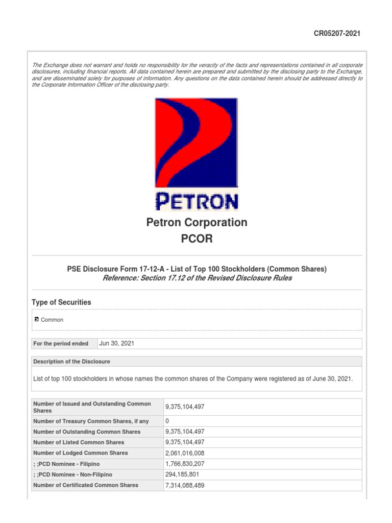07 14 21 Petron Top 100 Stockholders As of June 30 2021 PCOR. | PDF ...