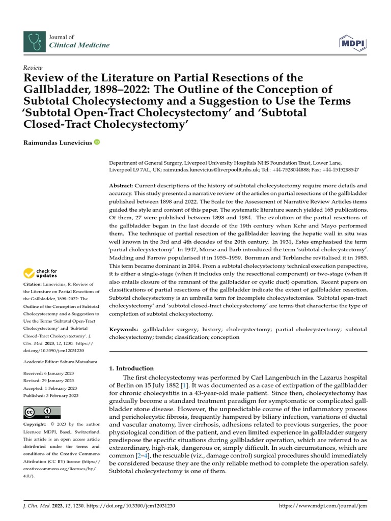 CHOLECYSTECTOMY SUBTOTAL. REVIEW. 2023 | PDF | Gallbladder | Medical ...