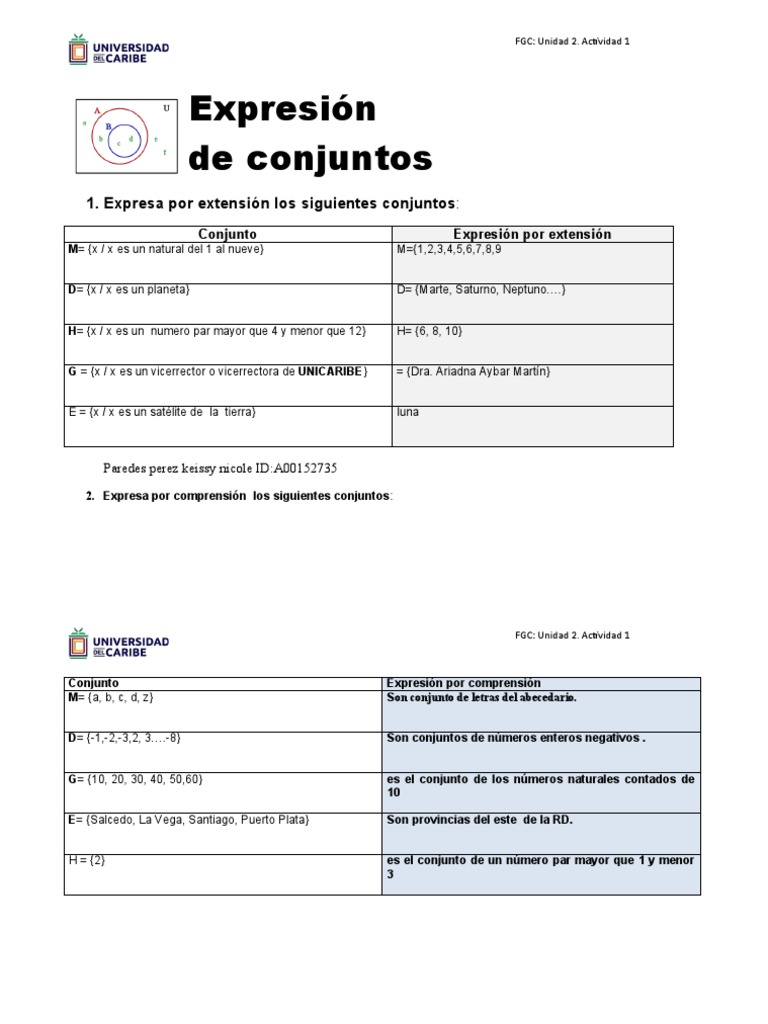 Unidad 2. Actividad 1. Expresiones de Conjuntos | PDF Unidad 2. Actividad 1. Expresiones de Conjuntos | PDF