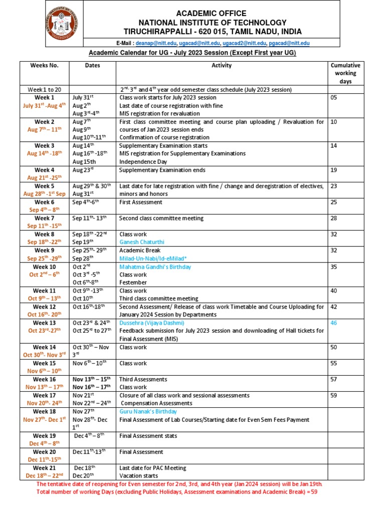 NITT UG Academic Calendar July 2023 | PDF | Academic Term