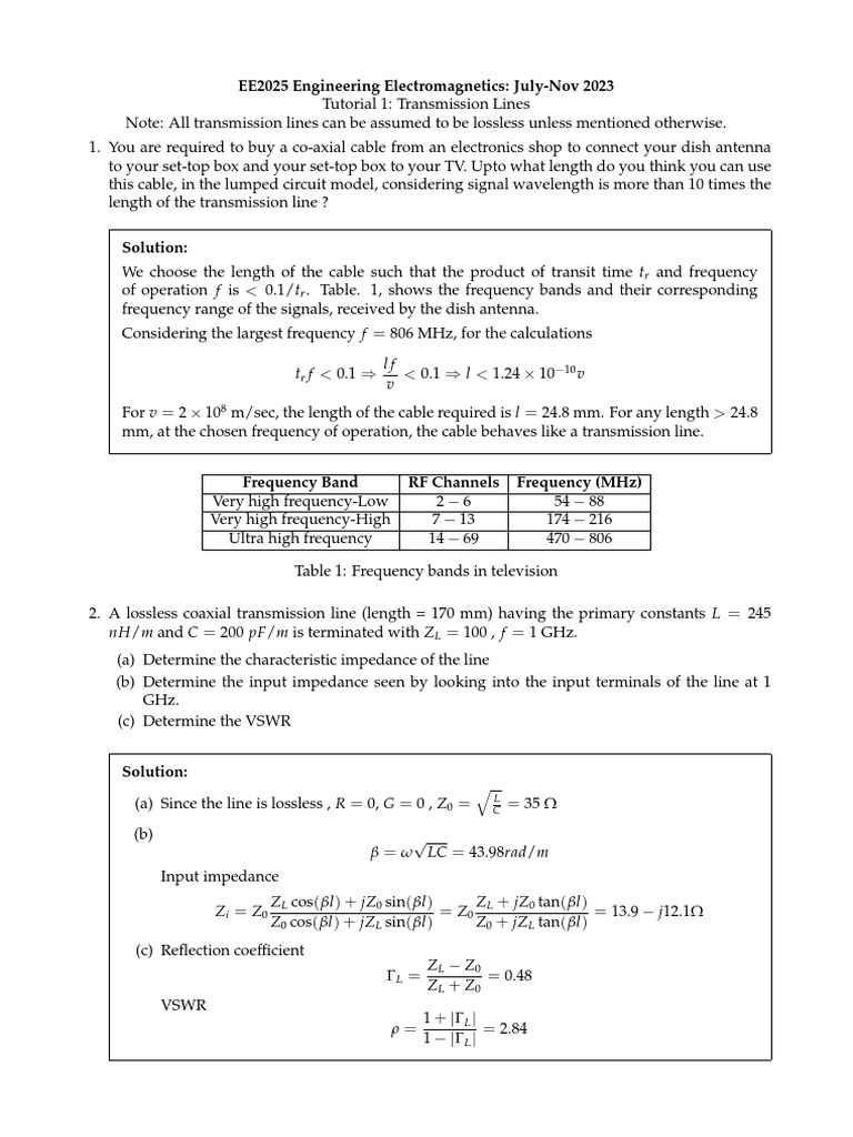 EE2025 Tut1 Solutions | PDF | Transmission Line | Electrical Impedance