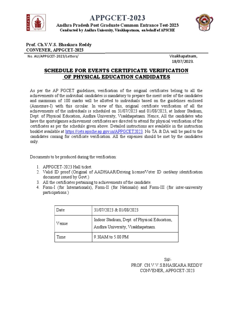 Physical Education Certificate Verification Schedule | PDF