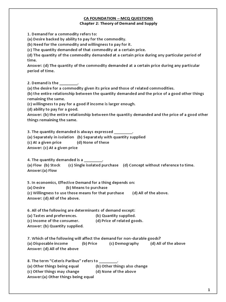 Theory of Demand and Supply CA Foundation MCQ Economics Chapter 2 | PDF