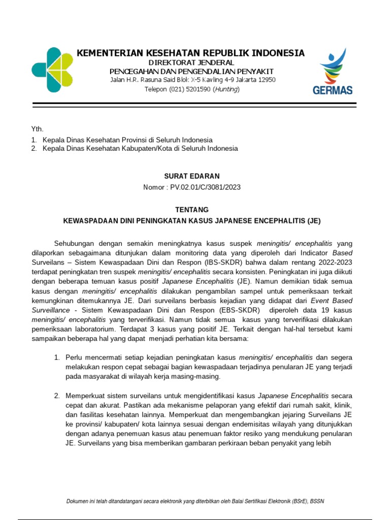 Surat Edaran Dirjen-Kewaspadaan Dini Peningkatan Kasus Je | PDF
