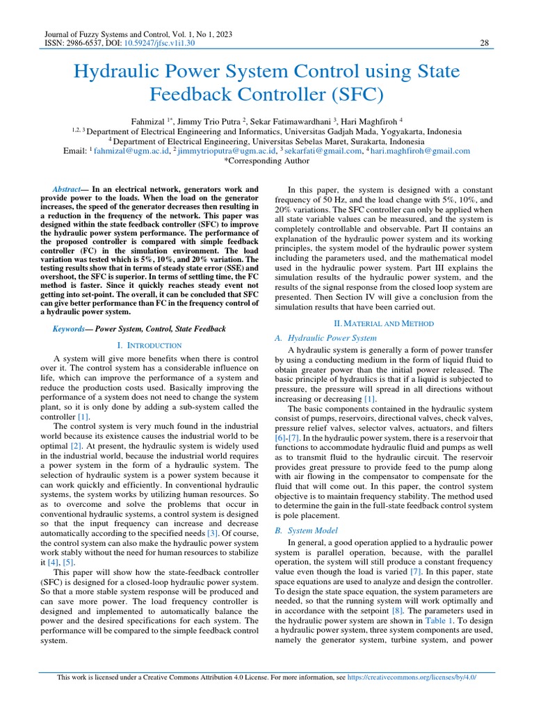 Hydraulic Power System Control Using State Feedback Controller (SFC) | PDF