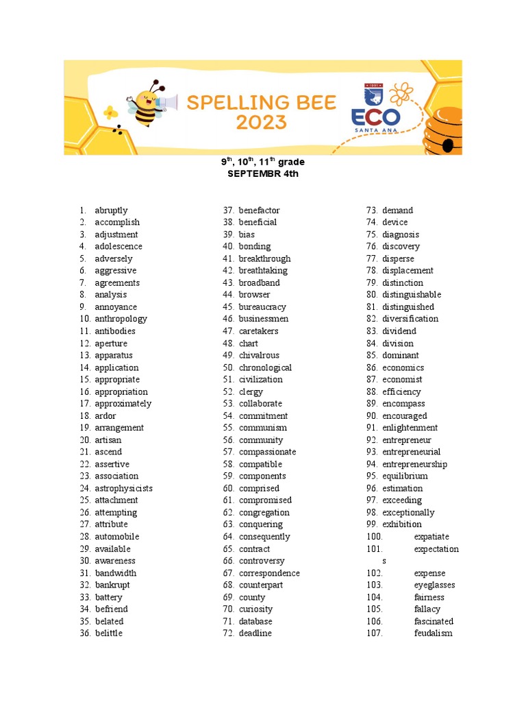 Spelling Bee 9th, 10th, 11th Grade Final 2023 | PDF | Entrepreneurship | Economies